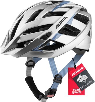 Alpina PANOMA - Reflektierender & Optimal Belüfteter Fahrradhelm Mit Fliegennetz & Nachrüstbarem LED Für Erwachsene, Silver-White Cyan, M (56-59 cm)