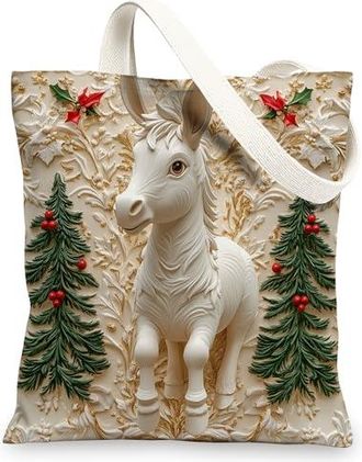 Generic Sac fourre-tout en toile motif &acirc;ne de No&euml;l pour faire du shopping, 33 x 38,1 cm, sac d&eacute;picerie de luxe r&eacute;utilisable pour femme, peinture danimaux, d&eacute;c
