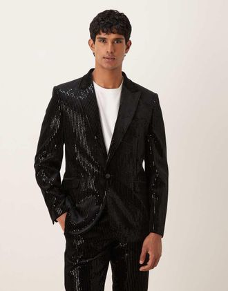 Asos Veste de costume ajust&eacute;e en velours &agrave; sequins - Noir