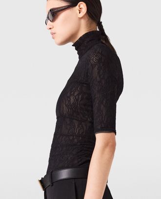 Stella McCartney Turtleneck Lace 3/4 Sleeve Top, Woman, Black, Size: XS
