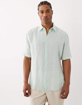 Boss Orange by Hugo Boss Hugo BOSS - Chemise boutonn&eacute;e coupe classique &agrave; manches courtes en lin m&eacute;lang&eacute; - Turquoise-Bleu