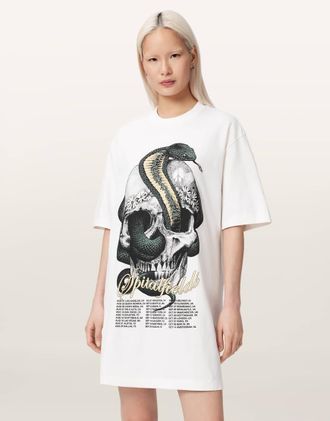 AllSaints Kurz&auml;rmliges T-Shirt-Minikleid in Wei&szlig; mit Schlangenkopf-Grafik-Logo