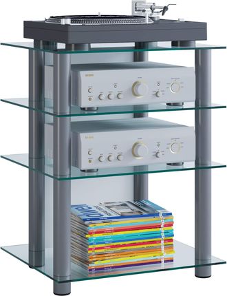 VCM HiFi Möbel | Rack Schrank Phono Regal | Alusäulen | ESG-Glasböden | Maße: H. 70 x B. 59 x T. 48 cm | Phono Mediaregal - Bilus Klarglas