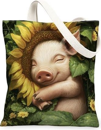 Generic Sac fourre-tout en toile de cochon printanier pour faire du shopping, 33 x 38,1 cm, motif feuille de tournesol, animal r&eacute;utilisable, sac d&eacute;picerie pou