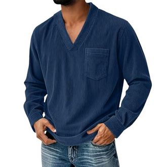 Generic Chemise &agrave; manches longues en velours c&ocirc;tel&eacute; pour homme - Col en V - Coupe ample - Style d&eacute;contract&eacute; et tendance, bleu marine, 4XL