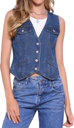 Allegra K Damen &Auml;rmellose Denim Weste mit Knopfleiste V-Ausschnitt Jeansweste Jacke Dunkelblau M
