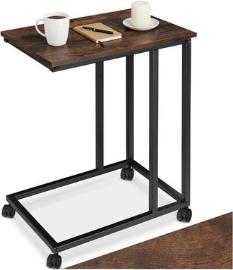 TecTake Beistelltisch in C-Form aus Holz und Metall, Sofatisch auf Rollen, mobiler Laptoptisch im Industrie-Design, 48 x 35 x 70 cm, schwarzes Metallgestell (