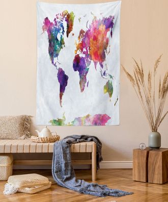 Abakuhaus Aquarell Wandteppich, Bunte Weltkarte aus Weiches Mikrofaser Stoff Waschbar ohne Verblassen Digitaldruck, 150 x 110 cm,Lila Magenta