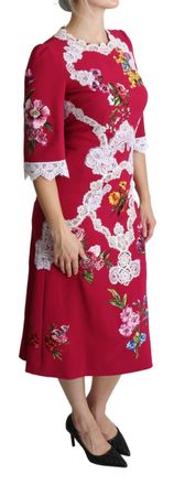 Dolce & Gabbana Womens Red Floral Embroidered Sheath Midi Dress Rayon Acetate Spandex