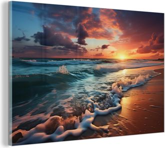 MuchoWow © Wandbilder Glas 120x80 cm Schlafzimmer Home Deko Wohnung Bild Wohnzimmer Wand Glasbilder Leinwand Wall Decor Sonnenuntergang - Strand - Meer - Welle