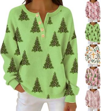 Generic Chandail de Noël surdimensionné à col en V et boutons pour femme, pull de Noël décontracté à manches longues, motif amusant de Noël, pull à manches lo