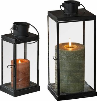 Loberon Laterne 2er Set Haruna, Zwei Größen, Stimmungsvolle Beleuchtung, Antik-Finish, Kreativ zu Dekorieren, für Innen & Außen, Wohn-Accessoires, Eisen, Glas