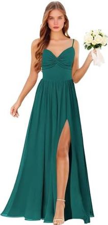 Generic Robe de demoiselle dhonneur en mousseline de soie avec col en V et bretelles spaghetti, longue robe de soirée plissée avec fente, bleu sarcelle, 58 Gr