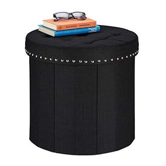 Relaxdays Sitzhocker mit Stauraum, faltbar, weich gepolstert, rund, gesteppt, Stoff, Fu&szlig;hocker, HxD: 43 x 46 cm, schwarz