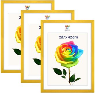 MG Design 3er Set Bilderrahmen A3 29,7 x 42 cm - Posterrahmen mit Gelb Echtholzrahmen und bruchsicherem Acrylglas, Hoch & Quer mit stabiler Wandaufh&auml;ngung