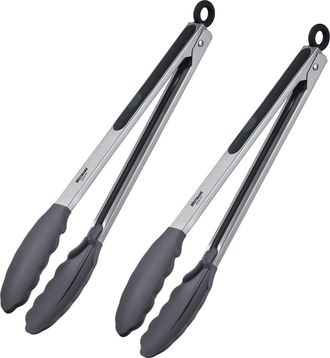 Westmark 2 Servierzangen, Mit Silikonlaffen und gummierten Griffen, Länge: 34 cm, Rostfreier Edelstahl/Kunststoff/Silikon, Classic Silicone Maxi, Silber/Schwar