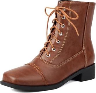 Generic Femmes Talon Bloc Bas Bottines Lacets Bottes Courtes Bout Carré Cuir PU Bottines De Combat Militaires,Marron,38.5 EU