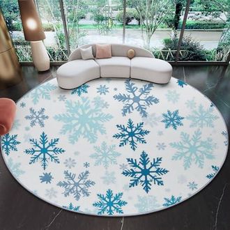 Generic Tapis Rond 160 cm pour Salon, Motifs Simple Mignon Flocons de Neige Textures, Lavable en Machine, Antid&eacute;rapant, Tapis Imprim&eacute; Bleu Blanc pour Salle &agrave; 