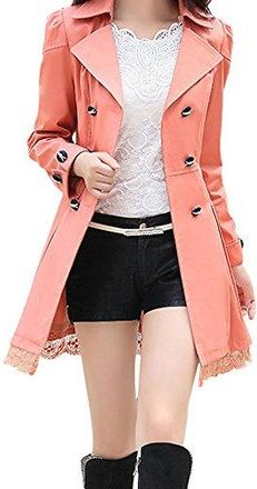 LaoZan Double Breasted Manteau Bowknot Long Trench avec Ceinture en Dentelle Et Hem Orange M