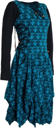 vishes Alternative Bekleidung - Langarm Damen Jersey-Kleid Blumenkleid Schn&uuml;rung V-Ausschnitt t&uuml;rkis 36-38