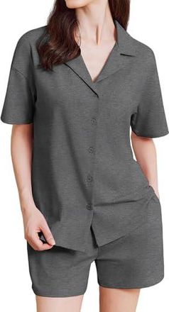 Ekouaer Pyjama Femme Coton Vêtements de Nuit Été Court Ensemble de Pyjama Boutons, Gris foncé L