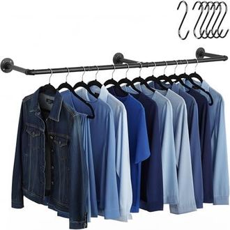 Relaxdays Kleiderstange Wandmontage, 183 cm, Industrial Design, 6 S-Haken, Schlafzimmer, Flur, Garderobenstange, schwarz