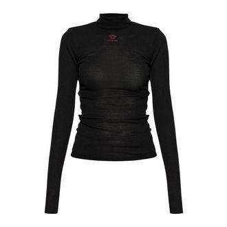 Versace Woll-Rollkragenpullover mit besticktem Logo - - Knitwear - Damen - Schwarzk - M