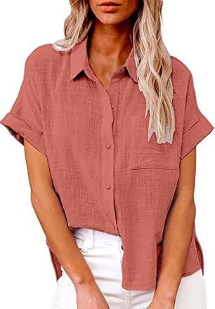 Generic Chemise en lin pour femme - &Eacute;t&eacute; - Plage - Chemisier en lin &agrave; manches courtes - Pour femme - Avec poches - T-shirt ample - L&eacute;ger - En mousseline - Gran