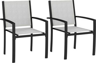 OUTSUNNY Lot de 2 chaises de jardin empilables avec accoudoirs acier noir textil&egrave;ne gris clair