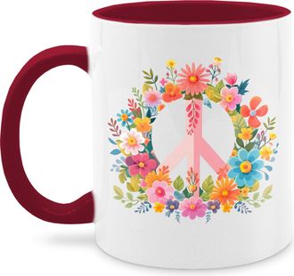 Shirtracer Tasse Tassen 325ml - Statement - Peace Zeichen I Peacezeichen I Frieden I Hippie Flower Power I 60er I 70er Flowerpower - 325 ml - Bordeauxrot - kaffe