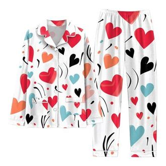 Generic Pyjama assorti pour femme pour la Saint-Valentin 2026 - Pyjama long classique boutonn&eacute; en satin avec poches, rose, 3XL