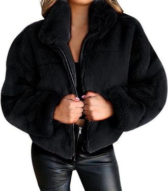 Generic Veste en fourrure courte pour femme - Veste polaire en fausse fourrure - Veste en peluche - Veste surdimensionnée Y2K - Veste douillette à manches lon
