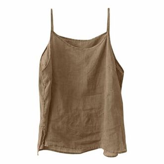 Generic D&eacute;bardeur en coton et lin pour femme, haut sans manches pour femme, camisole en coton de couleur unie, camisole &agrave; bretelles spaghetti, col rond, chemi