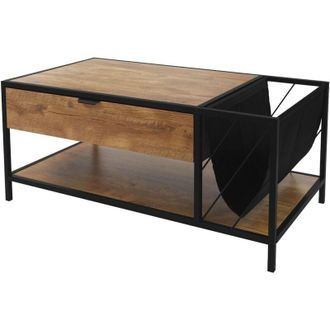 ML Design Table Basse dAppoint Salon, 100x54x45 cm, Marron/Noir, Aspect Ch&ecirc;ne Rustique, Plateau M&eacute;lamin&eacute;, avec Tiroir et Compartiment de Rangement, Structure