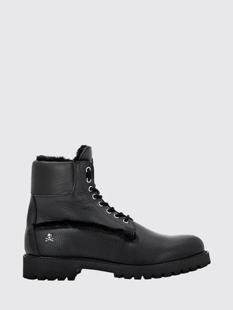 Philipp Plein Combat Boots aus geh&auml;mmertem Leder mit Ponyfell-Eins&auml;tzen und Skull-Applikation