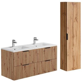 Vente-Unique Vente-Unique - Meuble sous vasque suspendu stri&eacute; 120 cm - Vasque &agrave; encastrer en c&eacute;ramique - Colonne rangement naturel clair - &Eacute;co-responsable