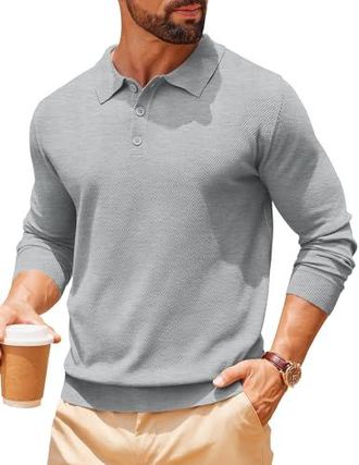 Coofandy Pull Homme col Polo Manches Longues Casual &eacute;l&eacute;gant tricot&eacute; Golf Slim fit Hiver Chaud Gris Clair M