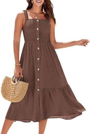 Grace Karin Robe dété bohème trapèze pour femme - Dos nu, bretelles spaghetti, col carré, longueur cheville, marron, taille XXL