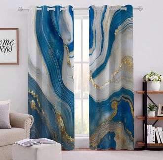 Generic Blaue Wellenlinien Verdunklungsvorhänge mit Ösen für Schlafzimmer H138 X B117cm Goldene Linienstruktur Wohnzimmer Vorhänge Kurz Blickdicht Thermo Gard