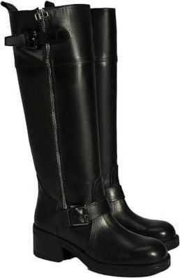 Desa Bottes Hautes pour Femme - Tige en Cuir, Fermeture &eacute;clair, Talon Plat, Respirantes | Noir - 38