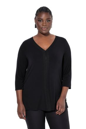 Ulla Popken Damen große Größen Übergrößen Plus Size Lyocell-Shirt, Rippdetails, Classic, V-Ausschnitt, 3/4-Arm schwarz 62+ 835378100-62+