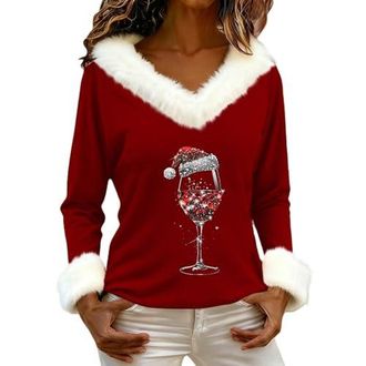 Generic Sweats de No&euml;l &agrave; col en V en Fausse Fourrure pour Femme, Chemisiers dhiver d&eacute;contract&eacute;s Confortables et Chauds avec col en Peluche imprim&eacute; P&egrave;re No&euml;l &agrave;