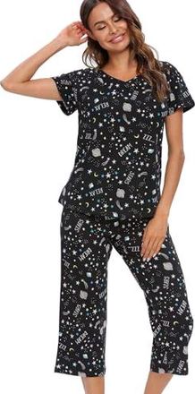 Mia Lucce Pyjama Femme Été Coton Manche Courte Ensemble Femme Ete avec T - Shirt à Manches Courtes et Capri 2 Pièces, S-XXXL