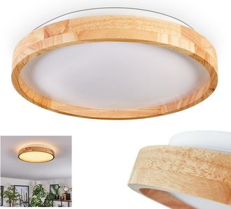 HOFSTEIN LED Deckenleuchte Sofo, moderne Deckenlampe aus Metall/Bambus/Kunststoff in Weiß/Natur, Leuchte im angesagten Boho-Design (Ø 29,5 cm), 1700 Lumen, 300