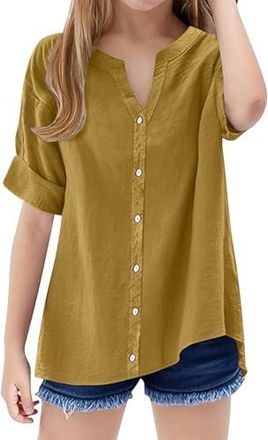 Generic Chemisier à manches courtes pour filles - T-shirt dété décontracté à col en V - Mélange de coton et de lin - Haut boutonné tendance et respirant - Lég