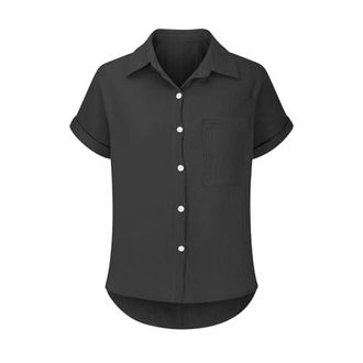 Generic Chemise en lin pour femme - Manches courtes - Col en V - Boutonn&eacute; - D&eacute;contract&eacute; - En mousseline - Chemisier basique - L&eacute;ger et respirant - Chemisier d