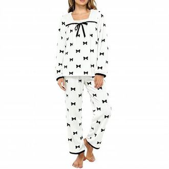 Generic MJGkhiy Pyjama dhiver pour femme, polaire chaude, 2 pi&egrave;ces, salon, v&ecirc;tements de nuit, molletonn&eacute;s, hauts &agrave; manches longues, pantalon courbes, lourds, 