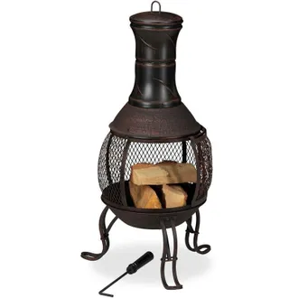 Relaxdays Aztekenofen, Sch&uuml;rhaken, Holzrost, Funkenschutz, Garten, Terrasse, Antik Terrassenofen, H&ouml;he 89 cm, rot-bronze - Relaxdays