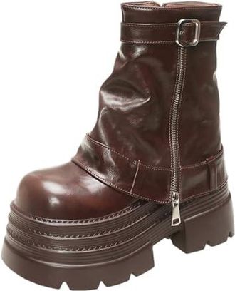 Generic Punk Femmes Automne Hiver Cuir Bottines 10CM Talons Chunky Plateforme Combat Bottes Antid&eacute;rapantes Chaussures de Moto Femme Punk Bottes, marron, 39 1/