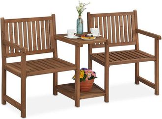 Relaxdays Banc de jardin avec table intégrée, 2 places, banquette, robuste, en bois, balcon, hlp : 86x161x61 cm, marron - Relaxdays